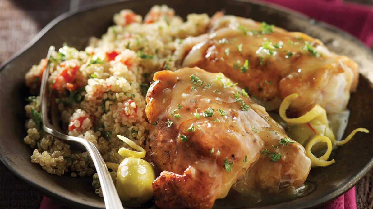 Moroccan Chicken Stew with Roasted Red Pepper Quinoa Recipe