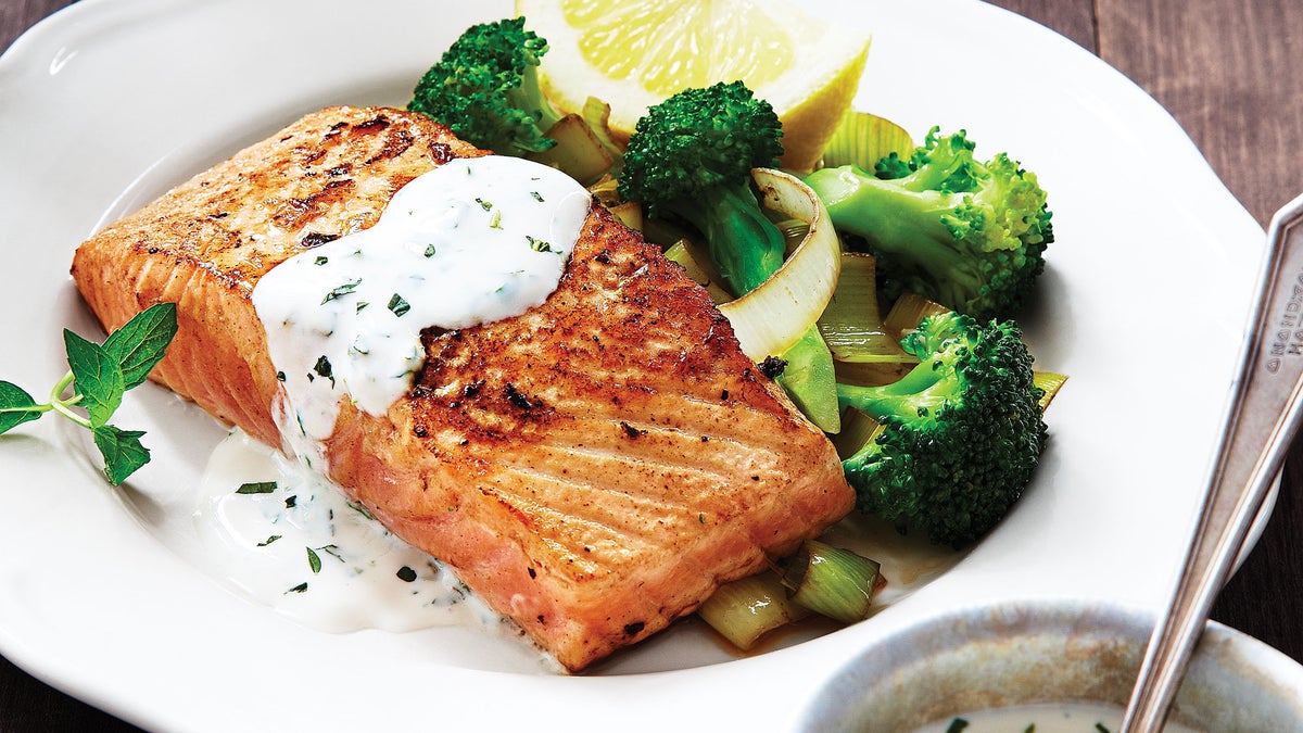 Salmon & Broccoli with Tangy Lemon Herb Sauce Recipe | Dutch Oven Recipes