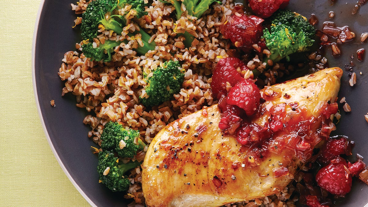 Spicy Raspberry Chicken with Orange Broccoli Bulgur Recipe