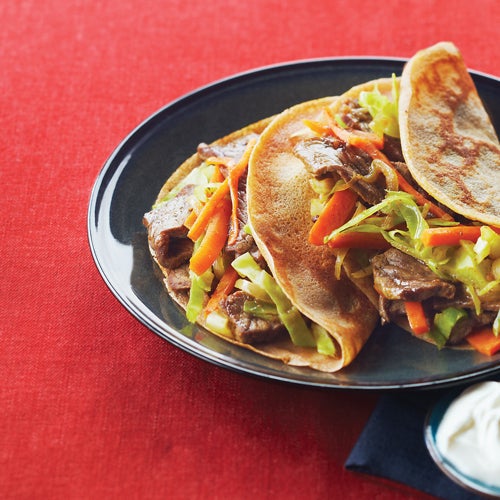 Mongolian-Style Beef Crepes with Spiced Yogurt