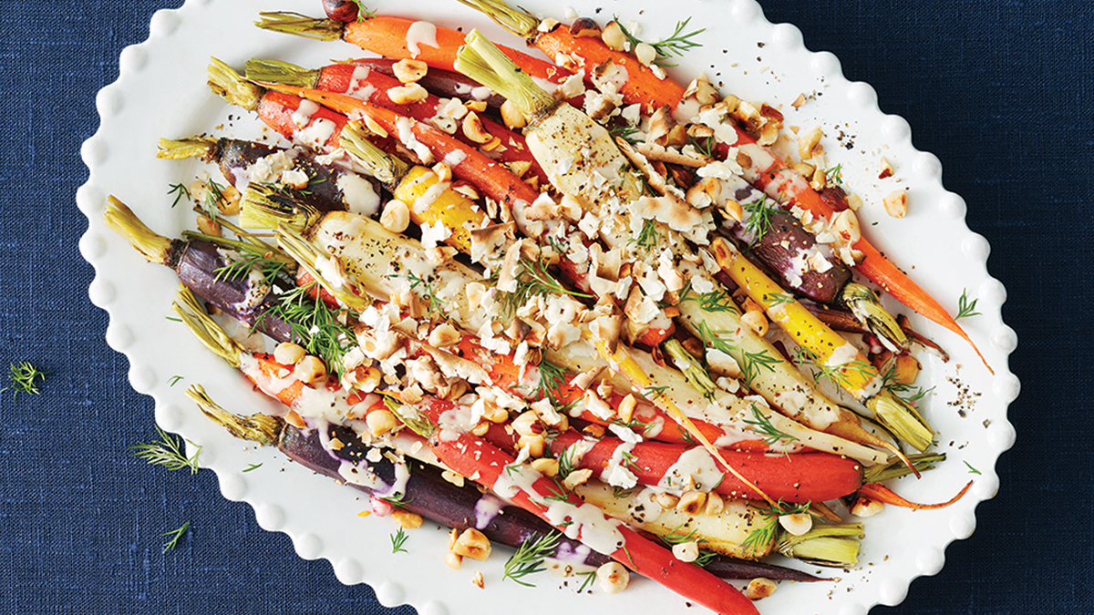 Tahini-Smothered Roasted Rainbow Carrots with Matzo Topping
