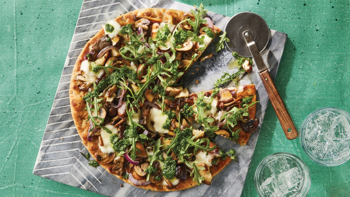Wild Mushroom Flatbread with Basil Oil Drizzle Recipe - Clean Eating